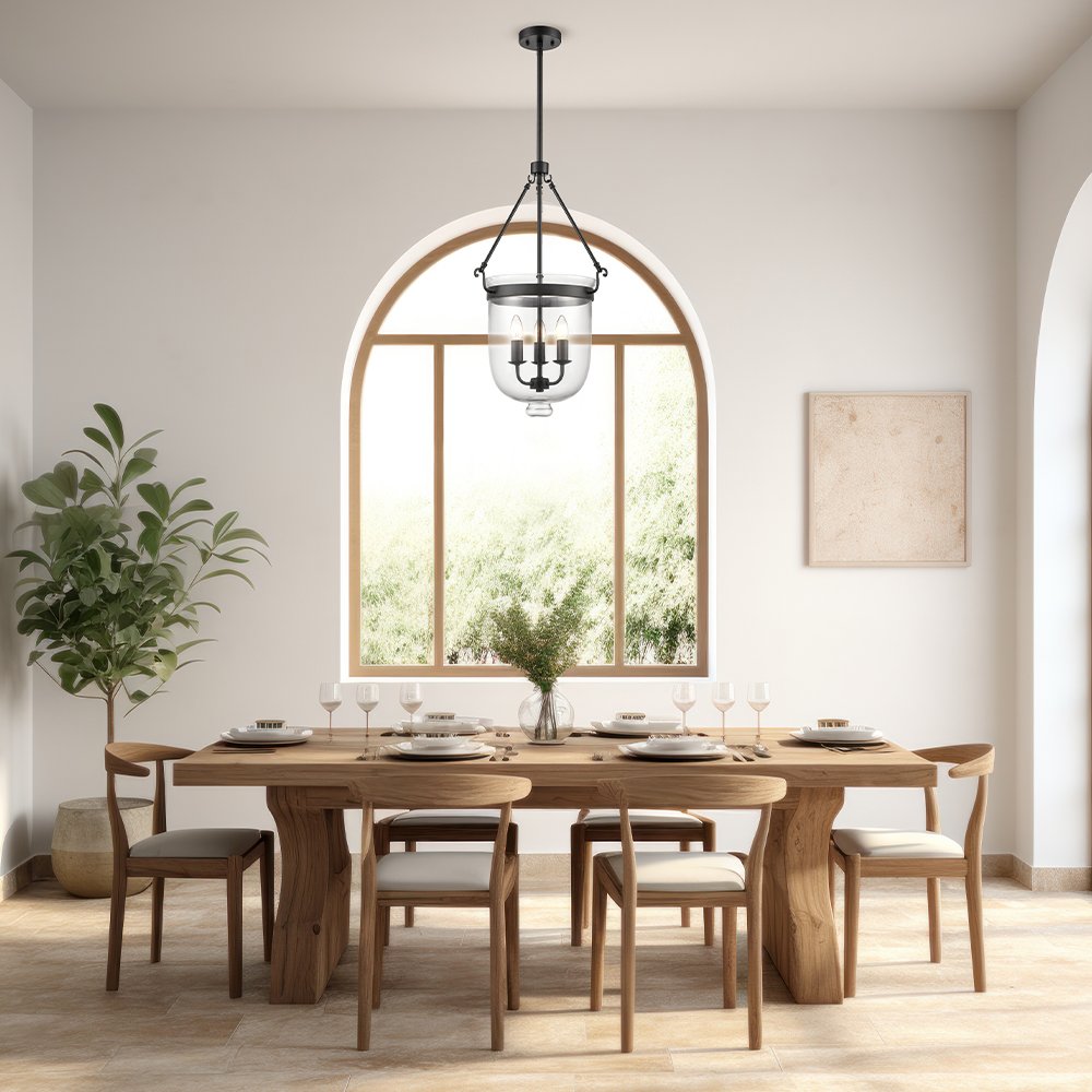 DANTE.38 MATT BLACK/CLEAR GLASS 3LT PENDANT - Lightingplus