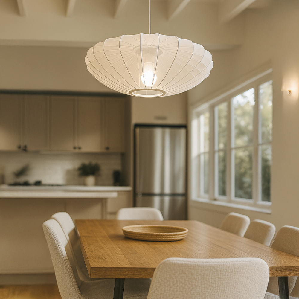 ZENITH.60 WHITE GAUZE FABRIC 1LT PENDANT - Lightingplus